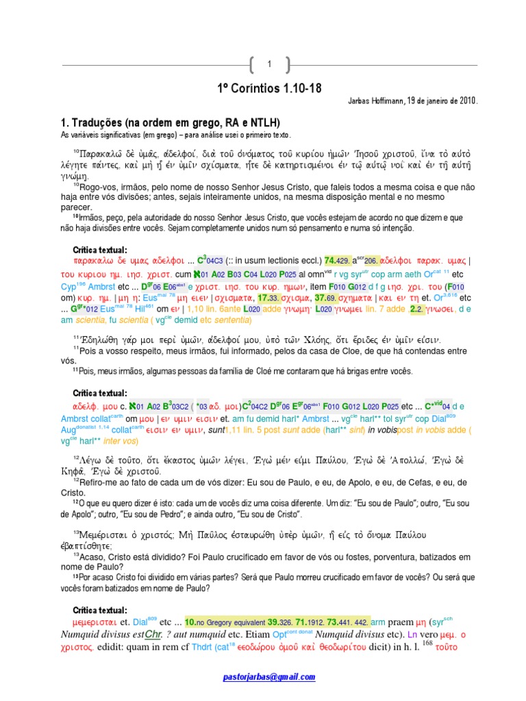 1 Coríntios 1.10-18 - Exegese - Jarbas Hoffimann | PDF | Apóstolo Paulo | São Pedro
