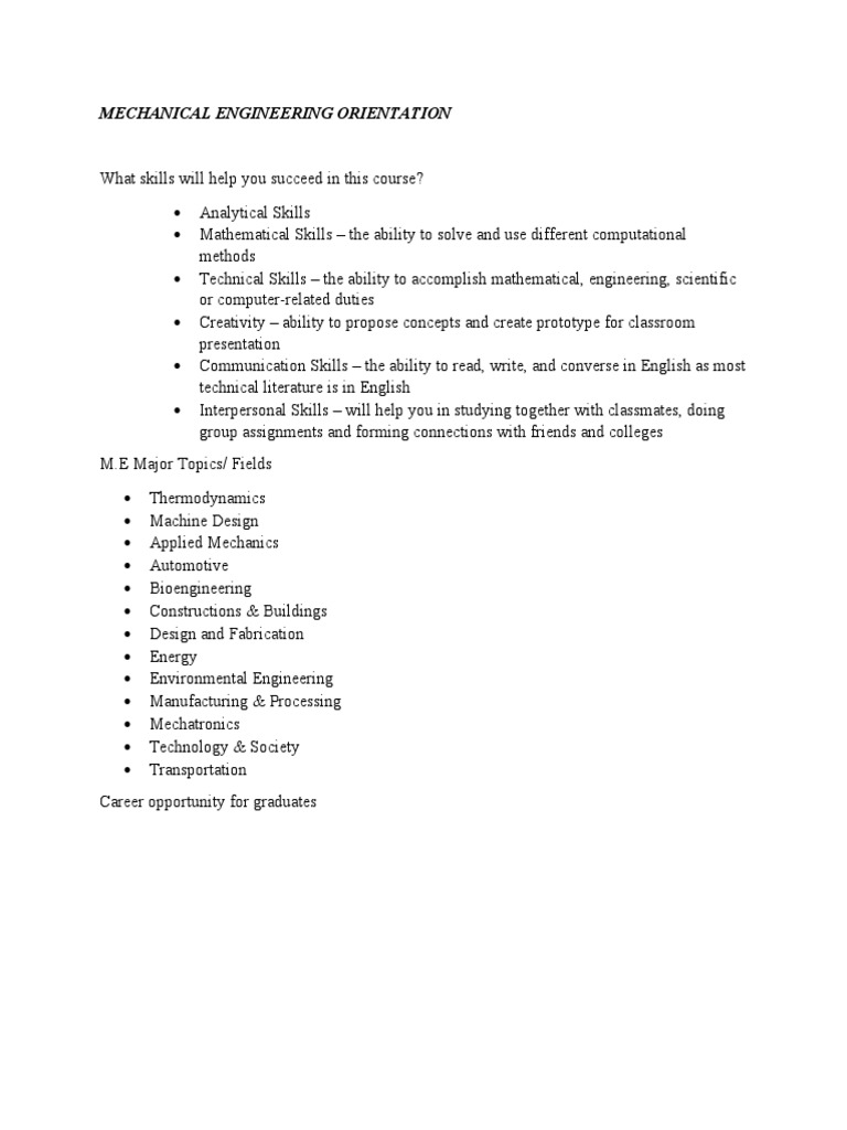 Mechanical Engineering Orientation | PDF