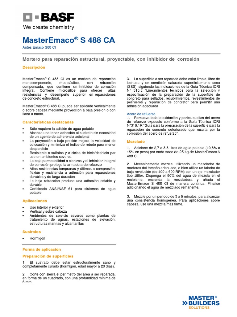 Ficha Técnica Masteremaco S 488 Ci | PDF | Hormigón | Agua