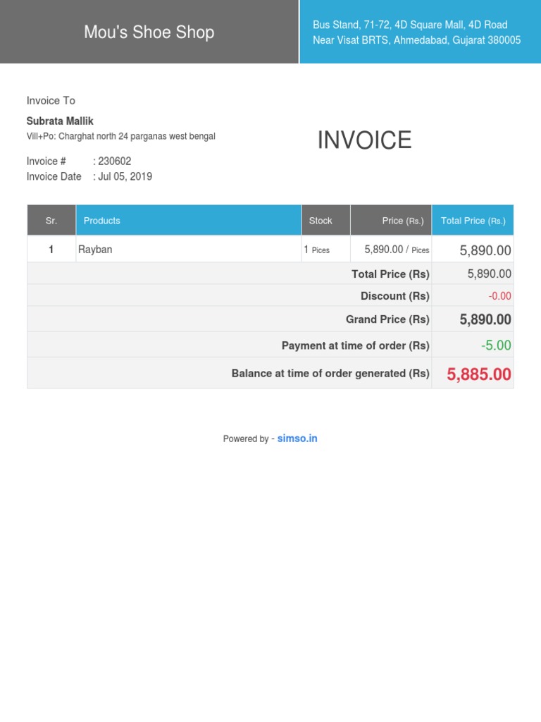 Invoice: Mou's Shoe Shop | PDF