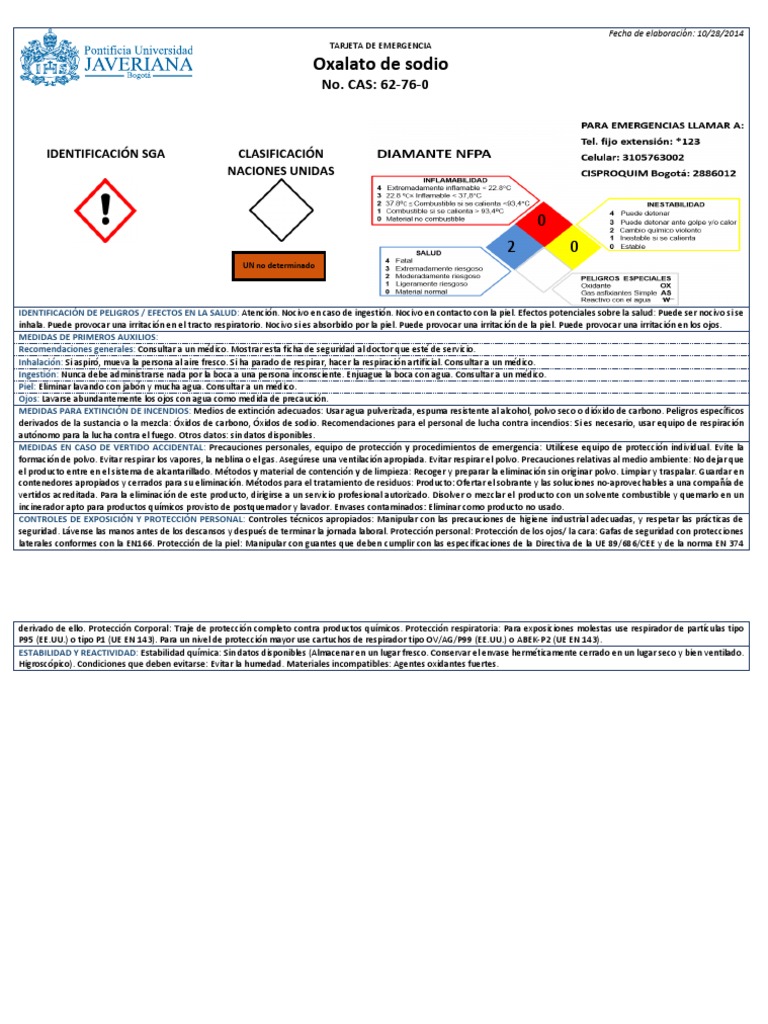 Ficha de Seguridad del Oxalato de Sodio | PDF | Seguridad y salud ...