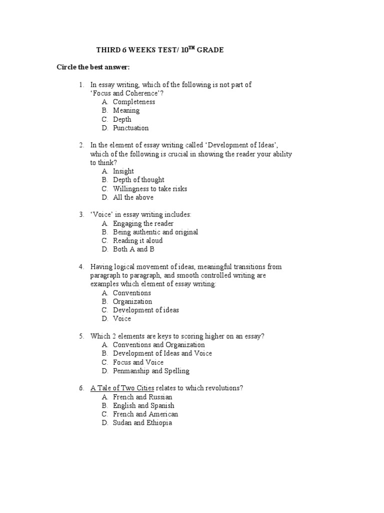 Third 6 Weeks Test/ 10 Grade Circle The Best Answer | PDF | A Tale Of ...