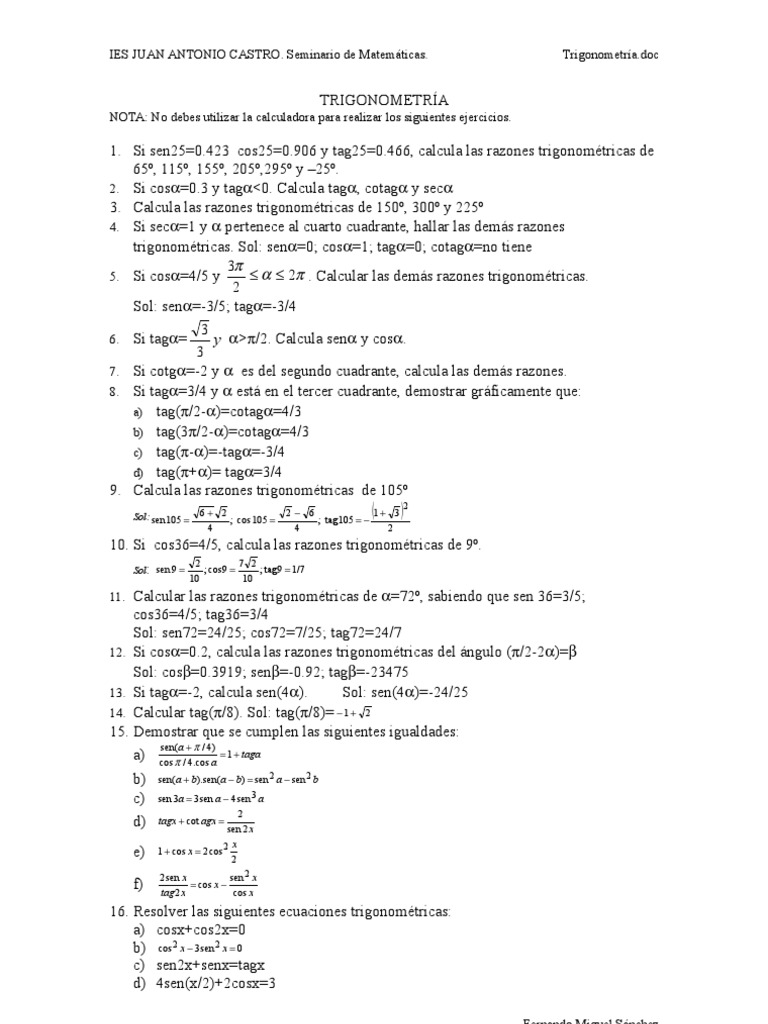 Ejercicios de Trigonometría Avanzada | PDF | Funciones trigonométricas ...