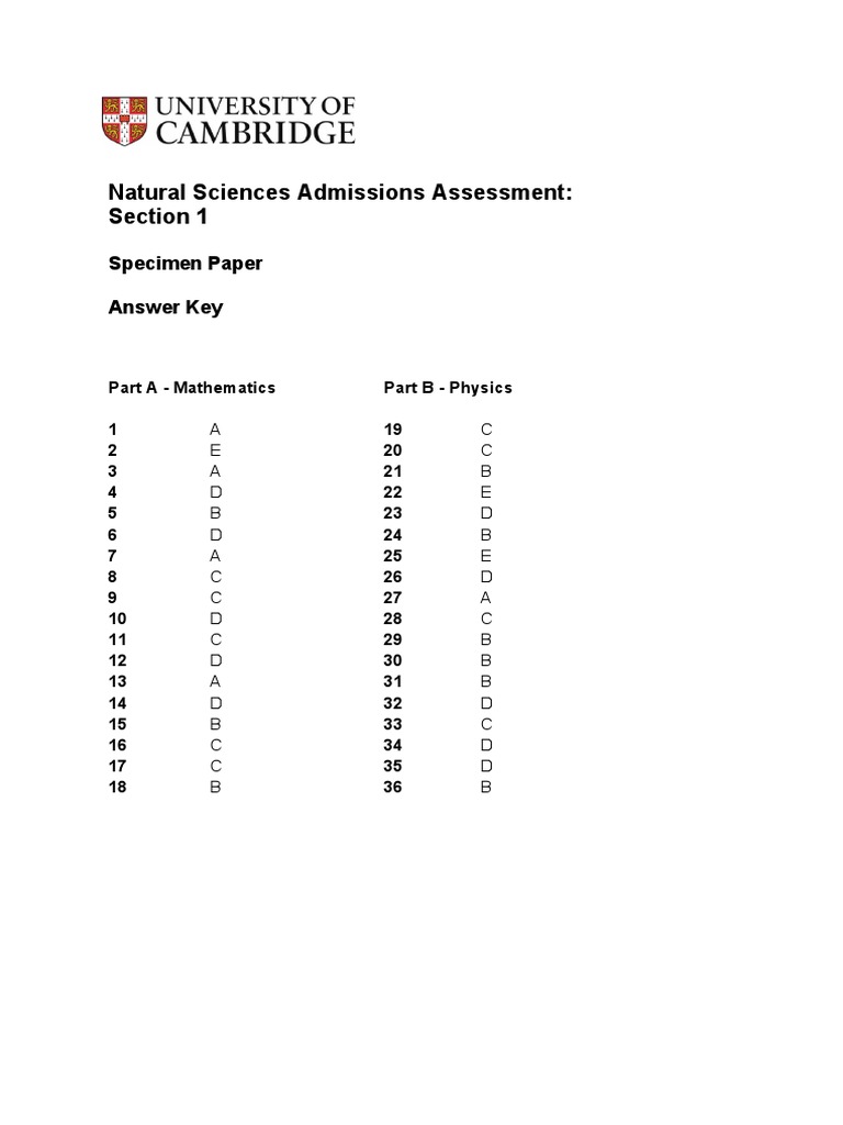 Natural Sciences Admissions Assessment: Section 1: Specimen Paper ...