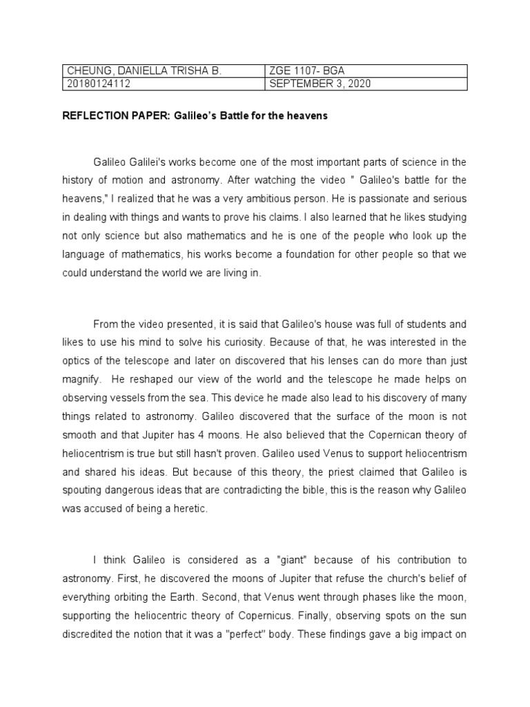 REFLECTION PAPER: Galileo's Battle For The Heavens | PDF | Galileo ...