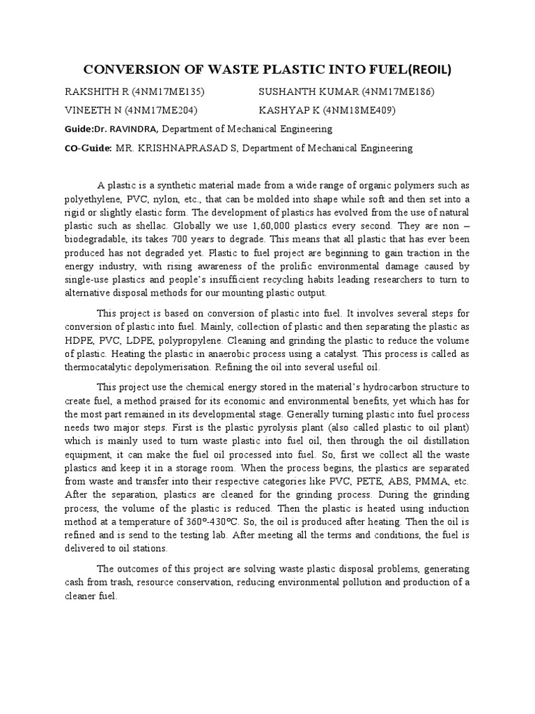 Conversion of Plastic Into Fuel | PDF | Plastic | Waste Management
