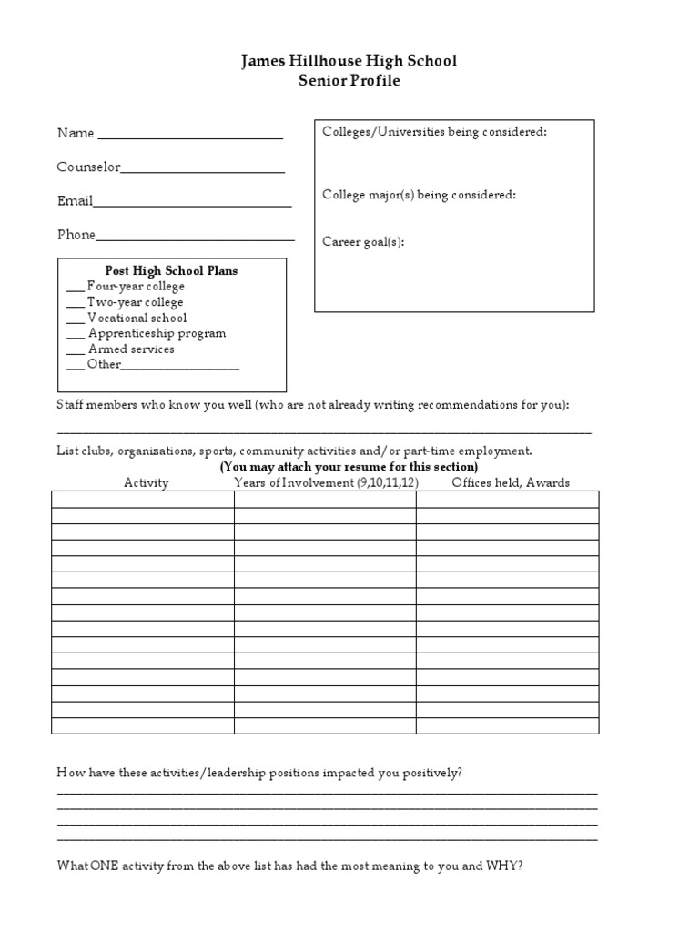 Senior Profile Template for College Applications | PDF | Career & Growth