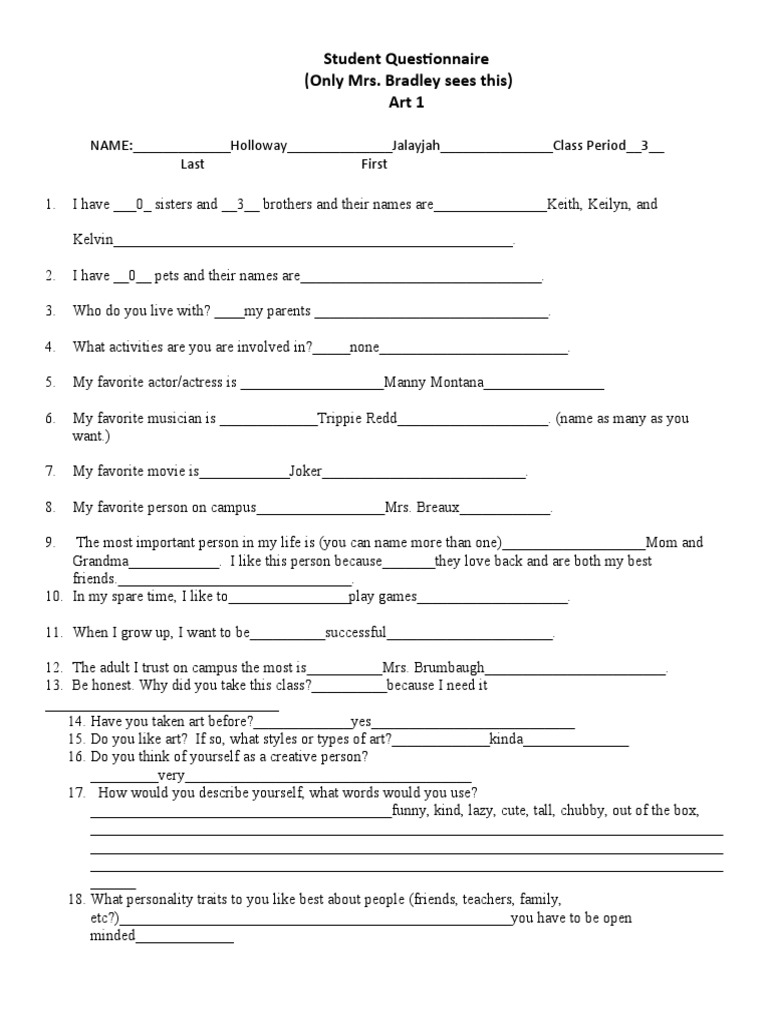 Student Art Class Questionnaire | PDF | Career & Growth | Self-Improvement