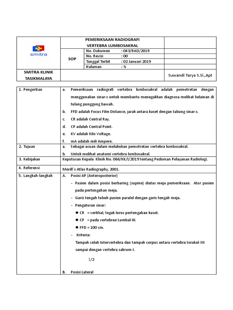 Sop Radiologi 043 Pemeriksaan Radiografi Lumbosacral | PDF