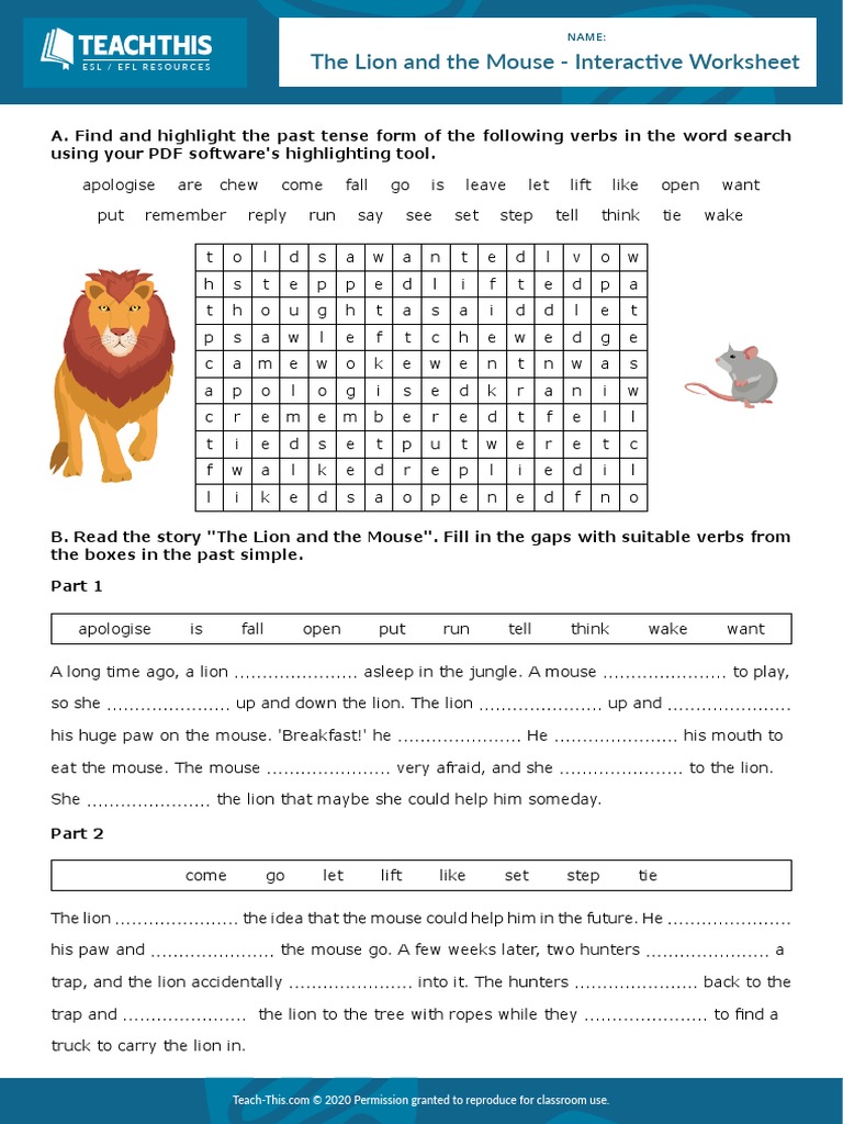 The Lion and The Mouse Interactive Worksheet | PDF | Linguistic ...