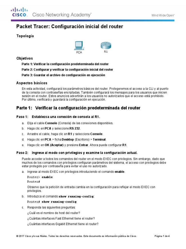 8.5.2.4 Packet Tracer - Configure Initial Router Settings PDF | PDF | Contraseña | Enrutador ...