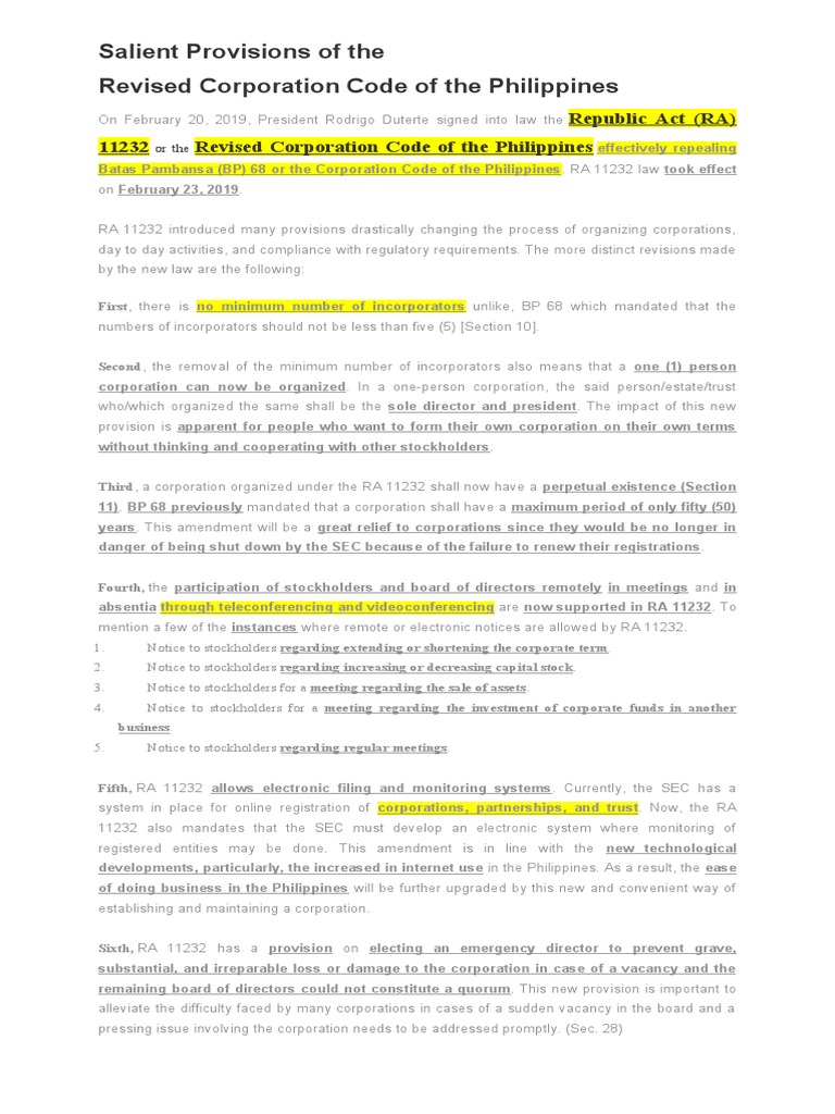 Revised Corporation Code RA 11232 | PDF | Corporations | U.S ...