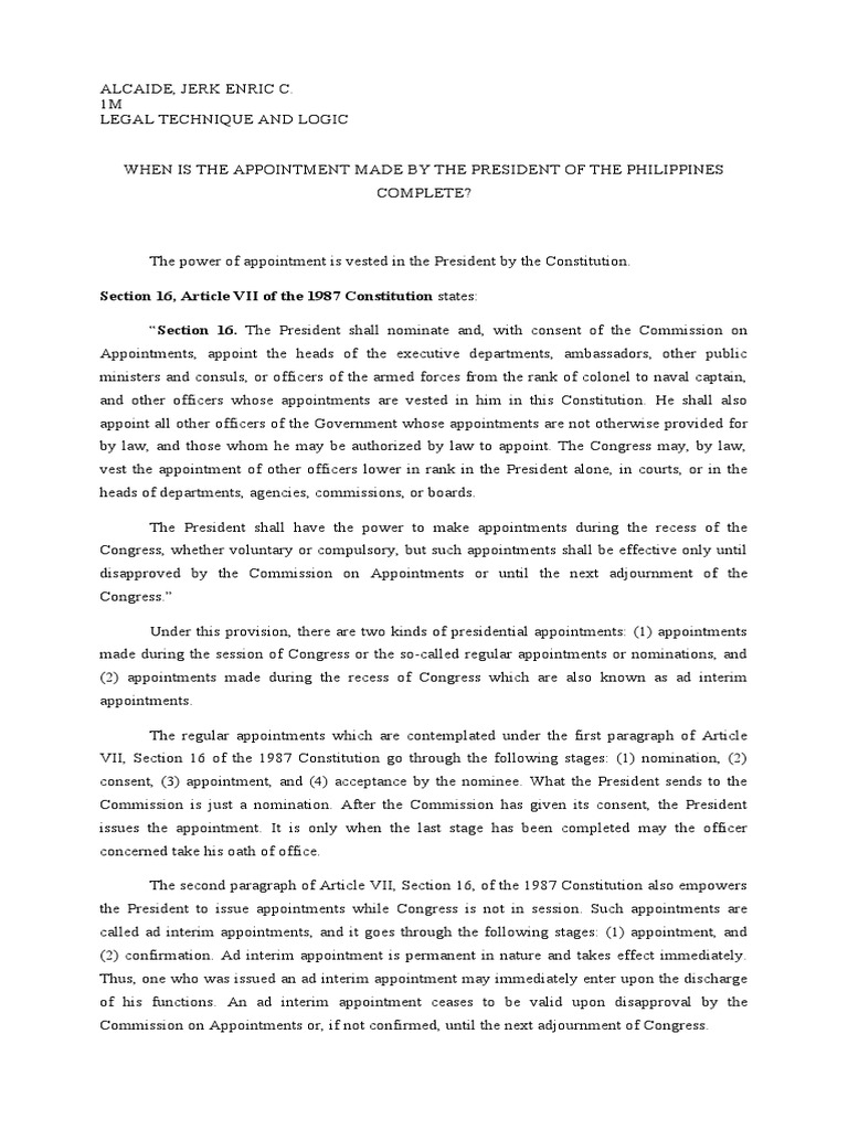 When Is The Appointment Made by The President of The Philippines ...