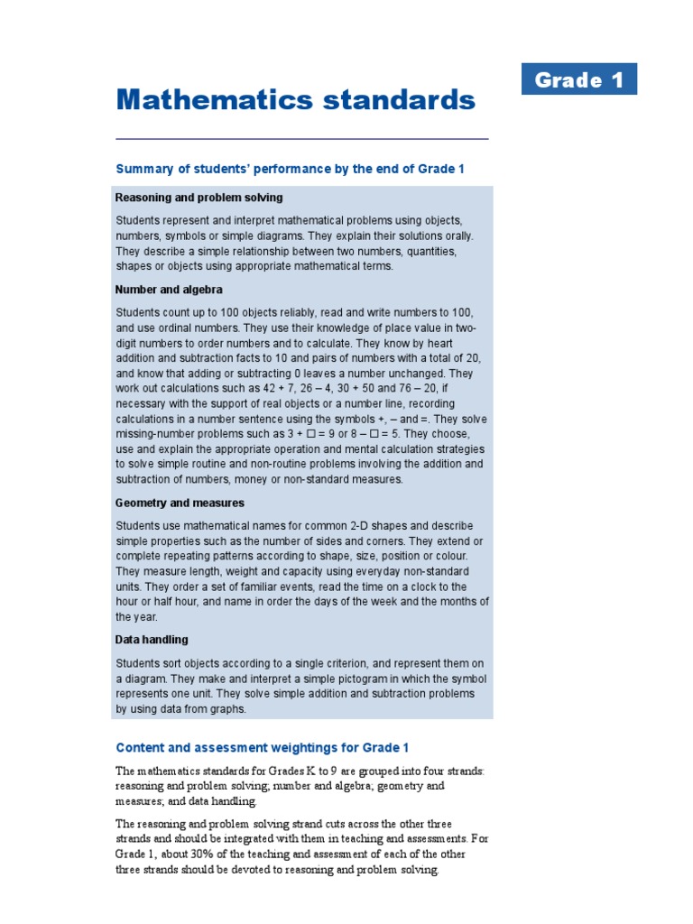 Mathematics Standards: Grade 1 | PDF | Numbers | Teaching Mathematics