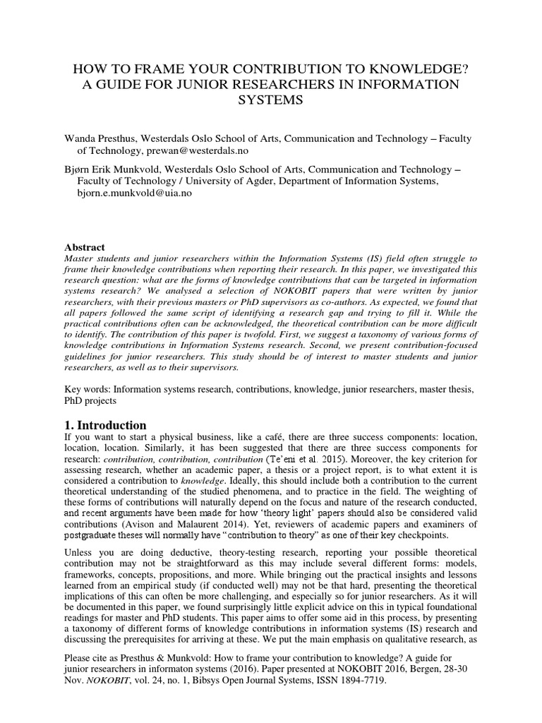 How To Frame Your Contribution To Knowledge? A Guide For Junior ...