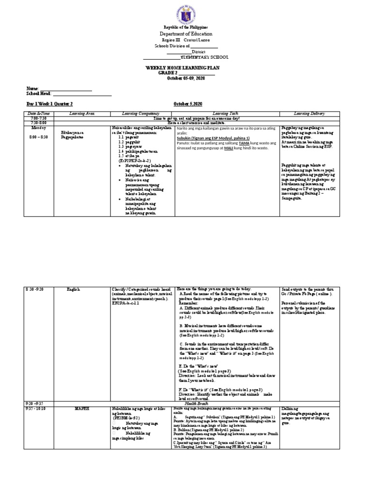Grade 2 Weekly Home Learning Plan | PDF