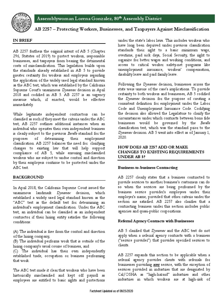 AB 2257 (Gonzalez) Factsheet FINAL 8.25.20 | PDF | Independent ...