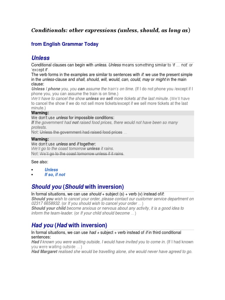 Unless: Conditionals: Other Expressions (Unless, Should, As Long As ...