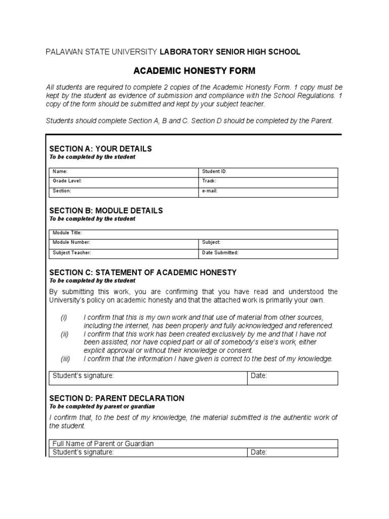Academic Honesty Form: Palawan State University Laboratory Senior High ...