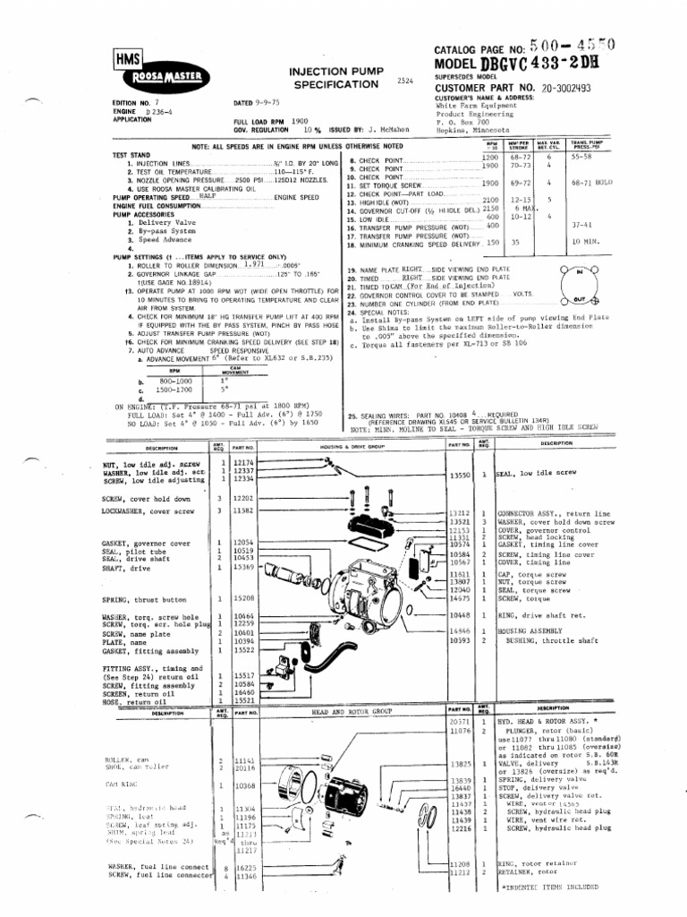 Injection pump specification sheet with detailed settings and part numbers | PDF | Throttle | Pump