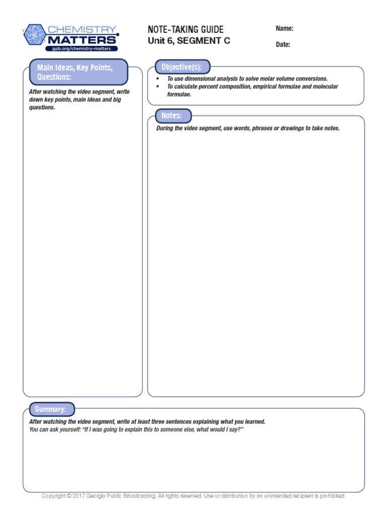 Note-Taking Guide: Unit 6, Segment C | PDF | Mole (Unit) | Formula
