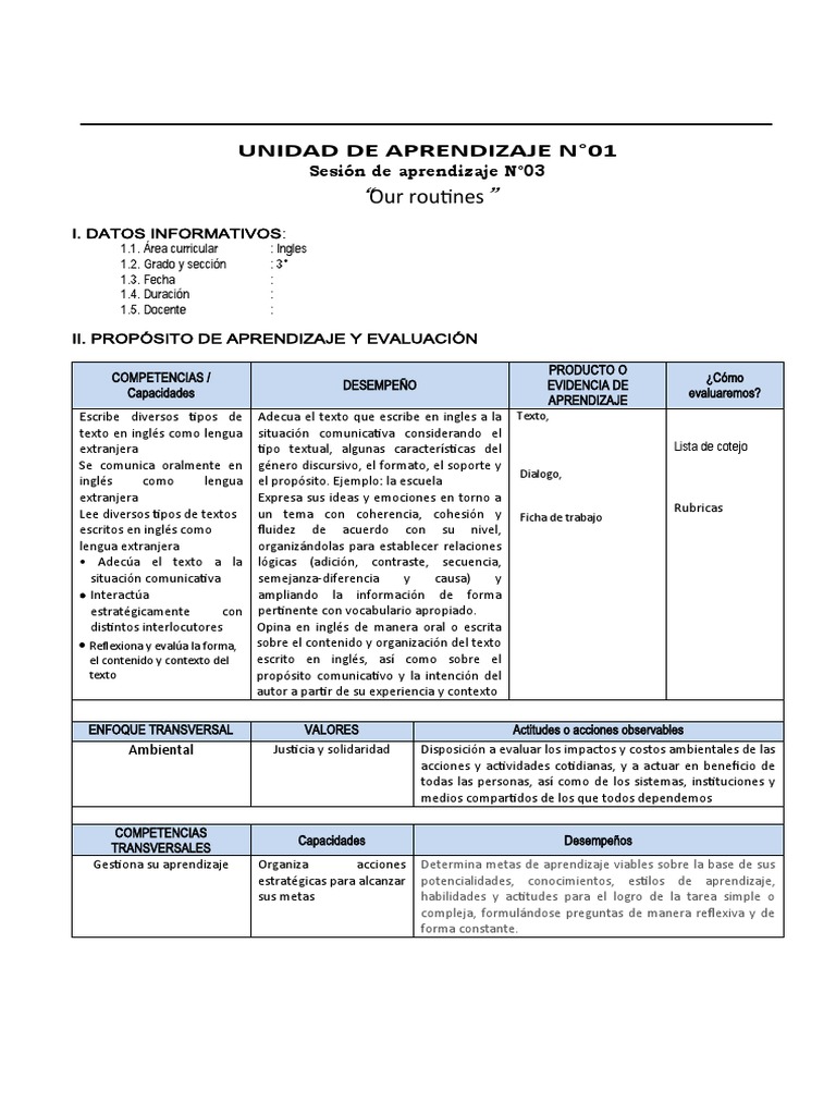 Sesión de Aprendizaje Ingles | PDF | Idioma en Inglés | Aprendizaje