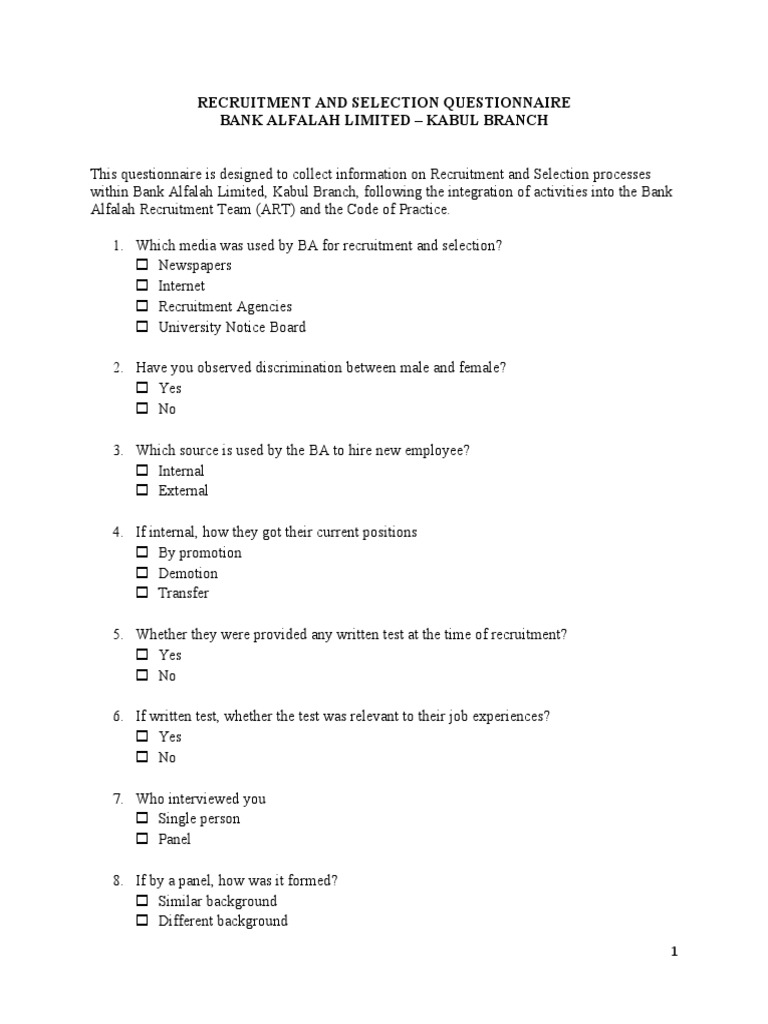 Recruitment and Selection Questionnaire Bank Alfalah Limited - Kabul ...