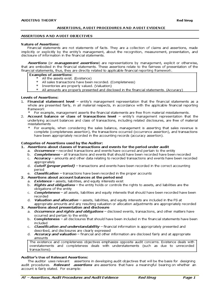 ASSERTIONS, AUDIT PROCEDURES AND AUDIT EVIDENCE Red Sirug Lecture Notes ...