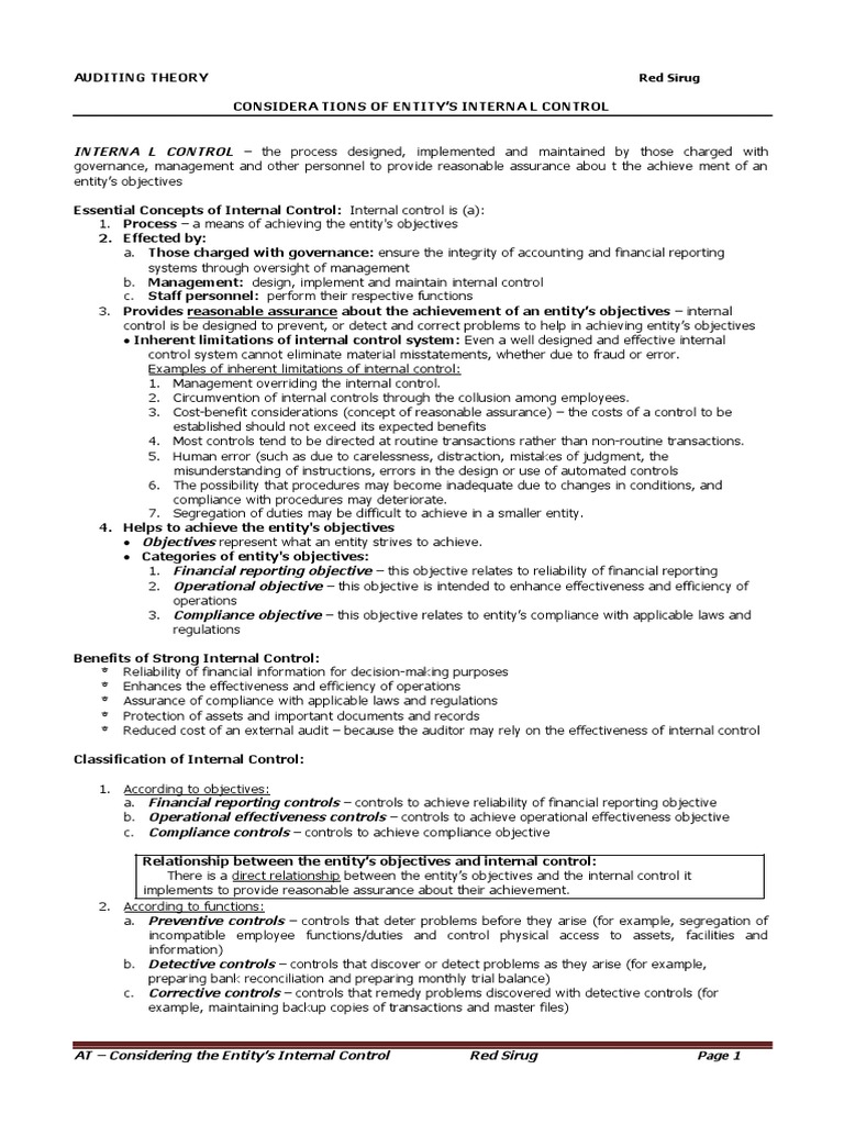 CONSIDERATIONS OF ENTITY'S INTERNAL CONTROL Red Sirug Lecture Note ...