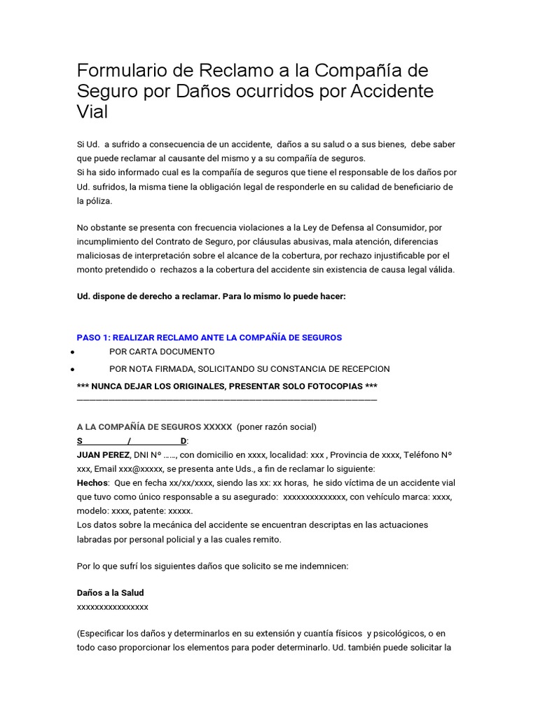 Formulario de Reclamo A La Compañía de Seguro Por Daños Ocurridos Por Accidente Vial | PDF ...
