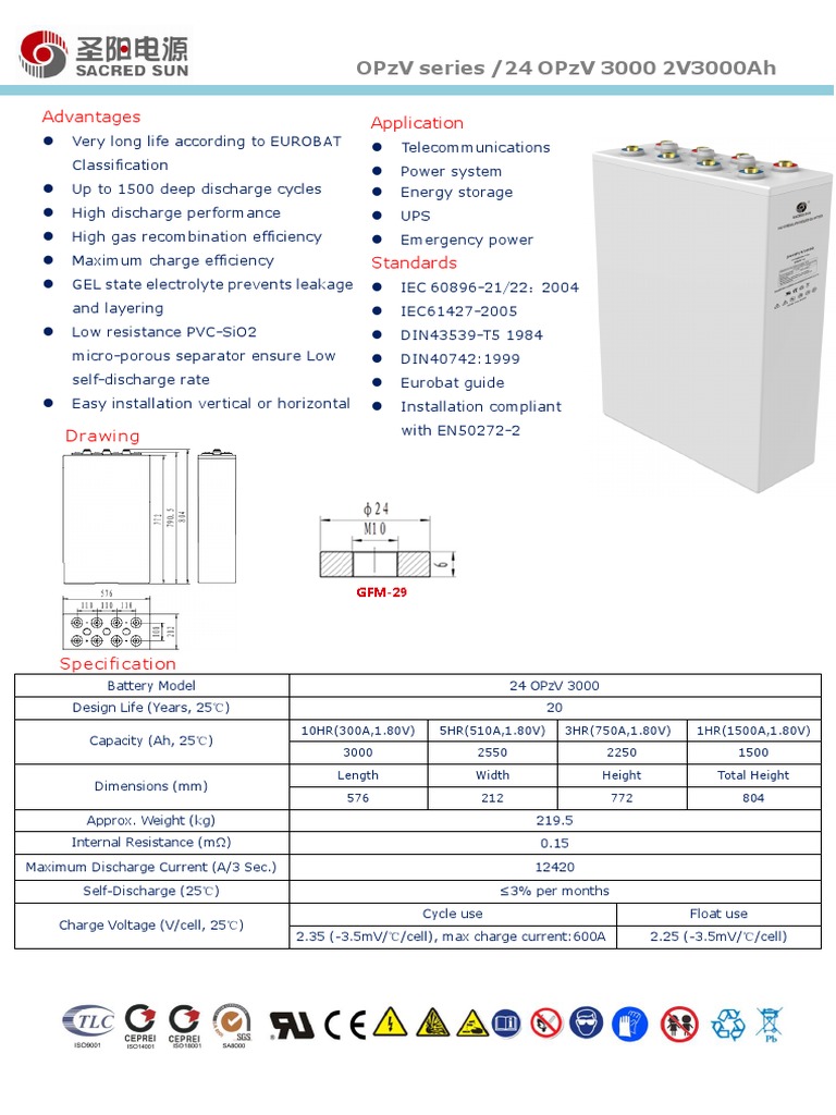 Opzv Series /24 Opzv 3000 2V3000Ah: Advantages Application | PDF ...