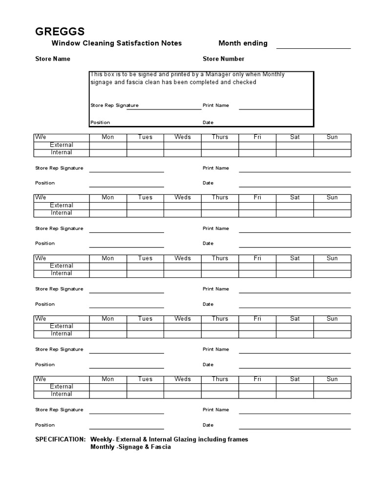 Greggs: Window Cleaning Satisfaction Notes Month Ending | PDF