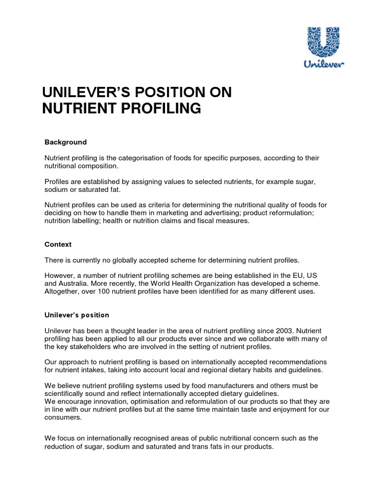 Unilever's Nutrient Profiling Strategy | PDF