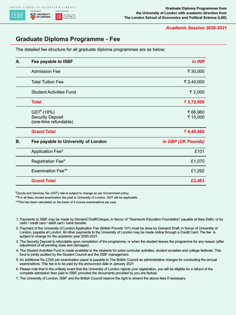 Graduate Diploma Programme - Fee: A. Fee Payable To ISBF | PDF | Fee ...