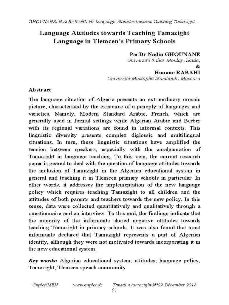 Language Attitudes Towards Teaching Tamazight Language in Tlemcen S ...