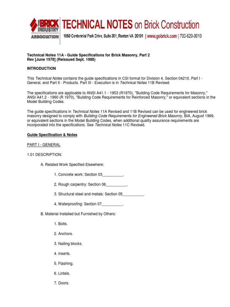 Technical Notes 11A - Guide Specifications For Brick Masonry, Part 2 ...