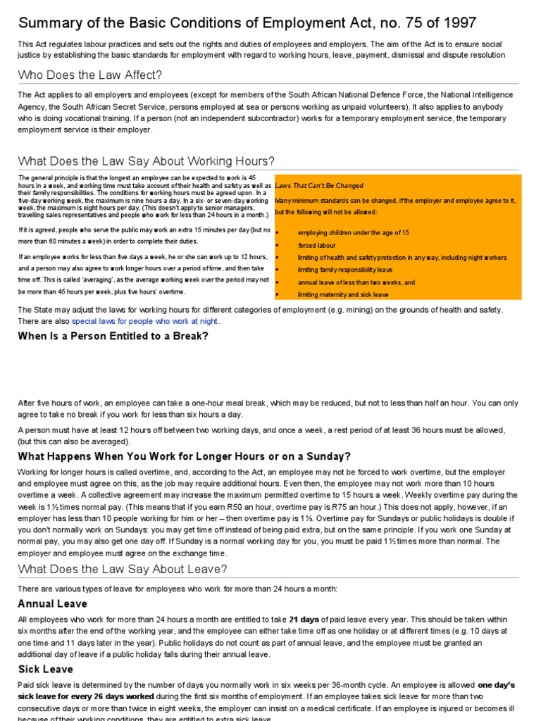 Summary of The Basic Conditions of Employment Act, No. 75 of 1997 | PDF ...