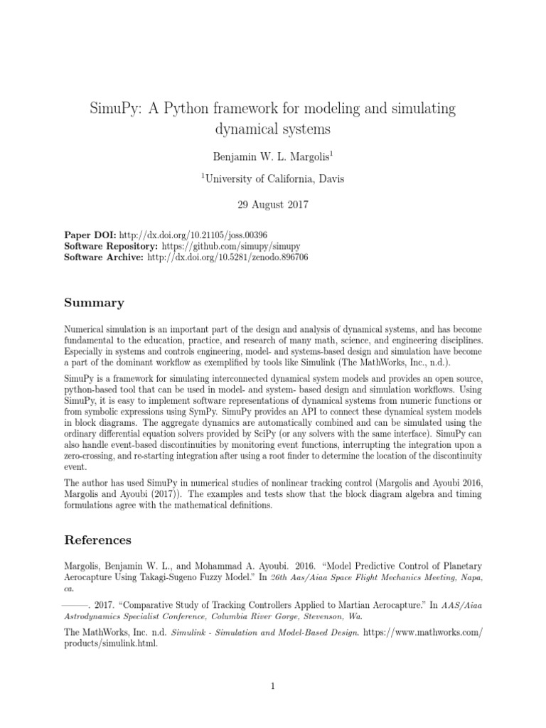 SimuPy A Python Framework For Modeling and Simulat | PDF | System | Dynamical System