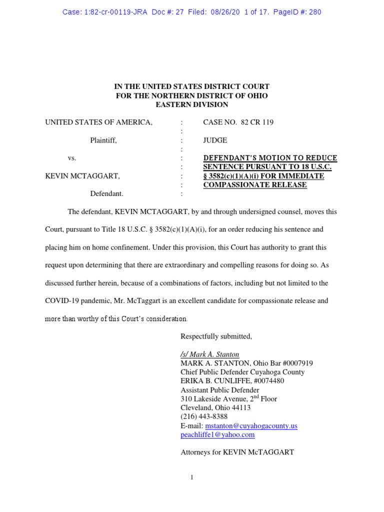 Motion To Reduce Sentence of Kevin McTaggert | PDF | Remand (Detention ...