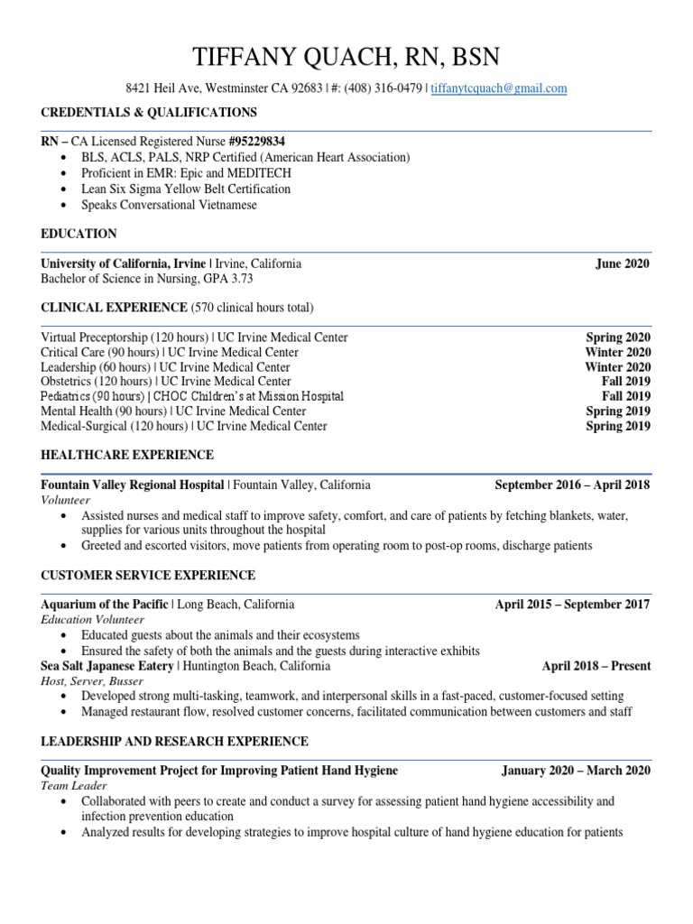 Tiffany Quach, RN, BSN: Volunteer | PDF | Nursing | Hospital