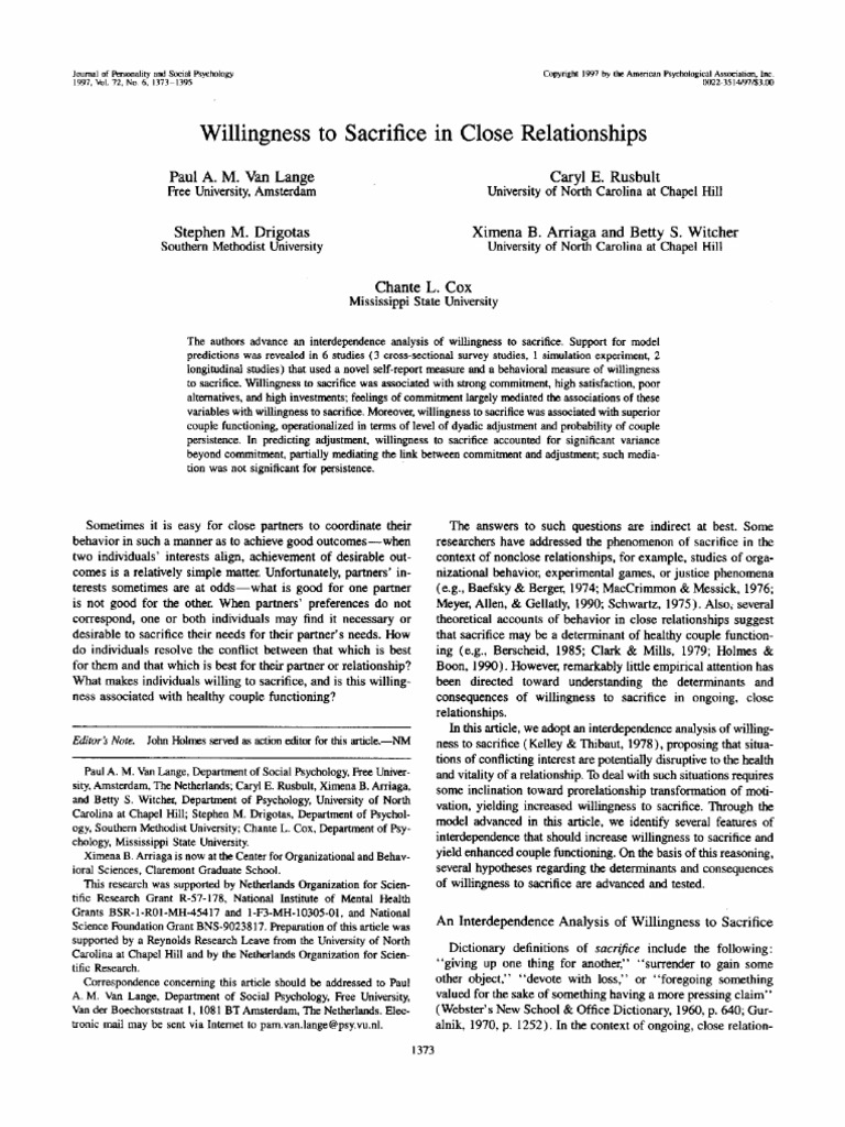 Willingness To Sacrifice in Close Relationships: Paul A. M. Van Lange ...