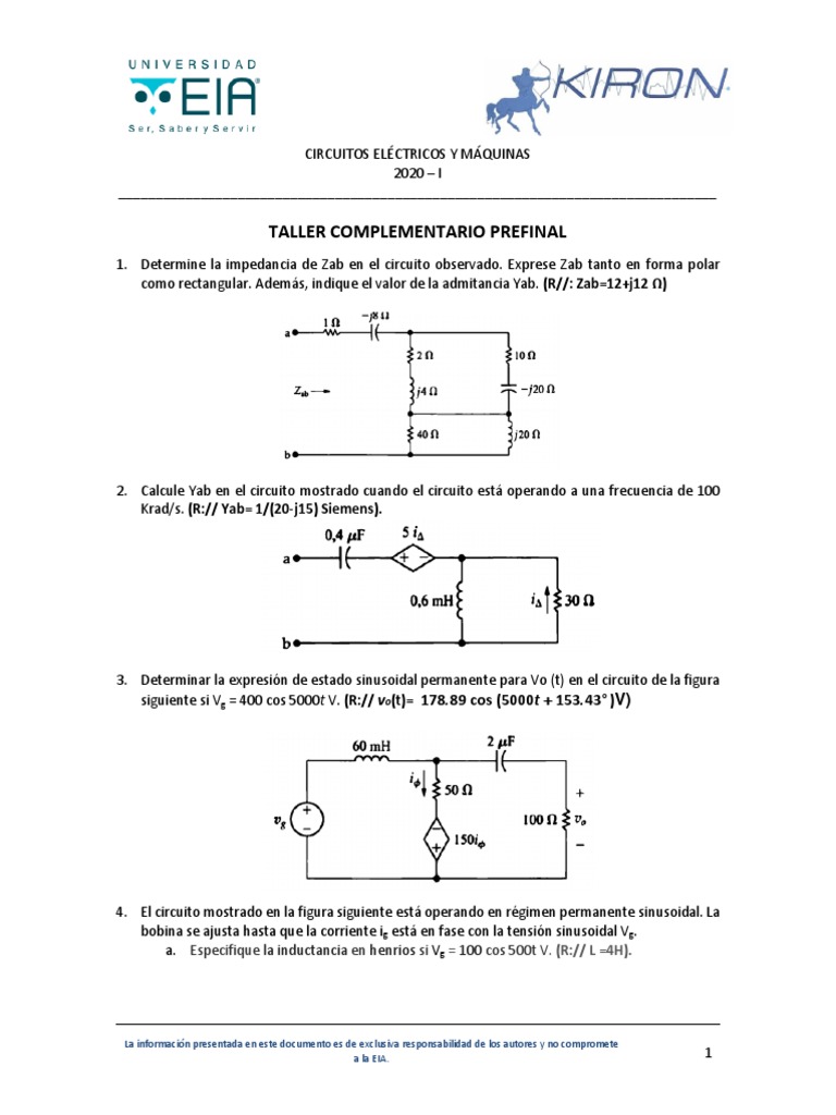 Taller 6 Prefinal 2020-Circuitos | PDF | Energia electrica | Impedancia eléctrica
