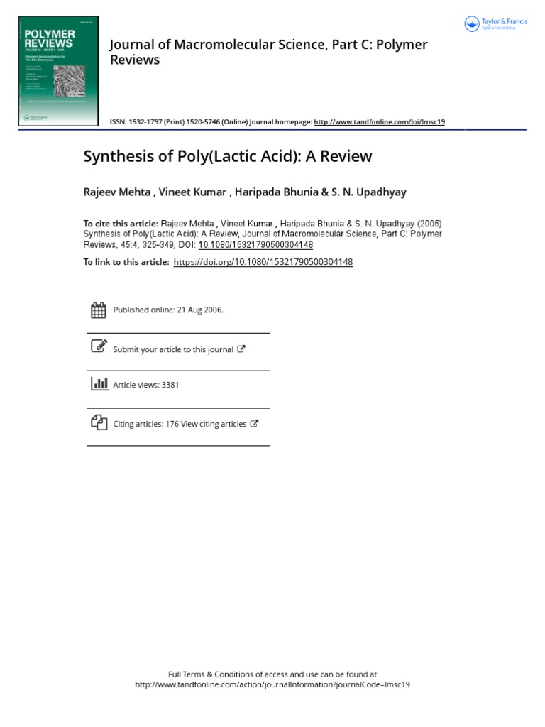 Synthesis of Polylactic Acid | PDF | Polymerization | Polymers