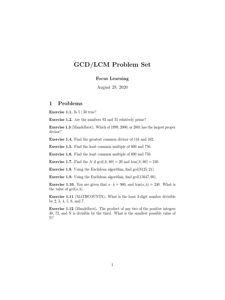 GCD/LCM Problem Set: 1 Problems | PDF | Teaching Methods & Materials
