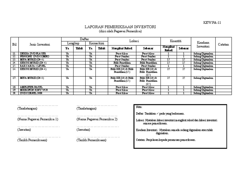 11.KEW - PA-11 (Laporan Pemeriksaan Inventori) (2) FLO | PDF 11.KEW - PA-11 (Laporan Pemeriksaan Inventori) (2) FLO | PDF