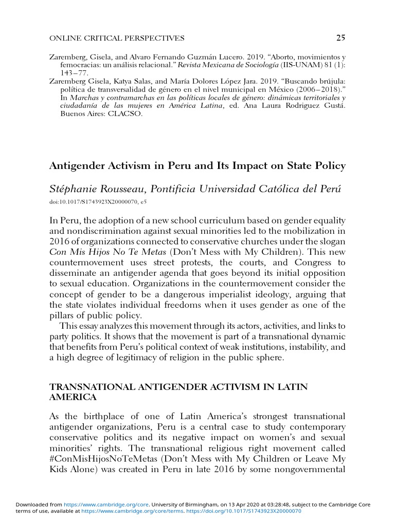 Antigender Activism in Peru and Its Impact On State Policy - Rousseau ...