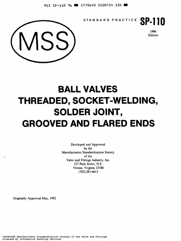 MSS SP-110 - 1996 - Ball Valves Threaded, Socket-Welding, Solder Joint ...