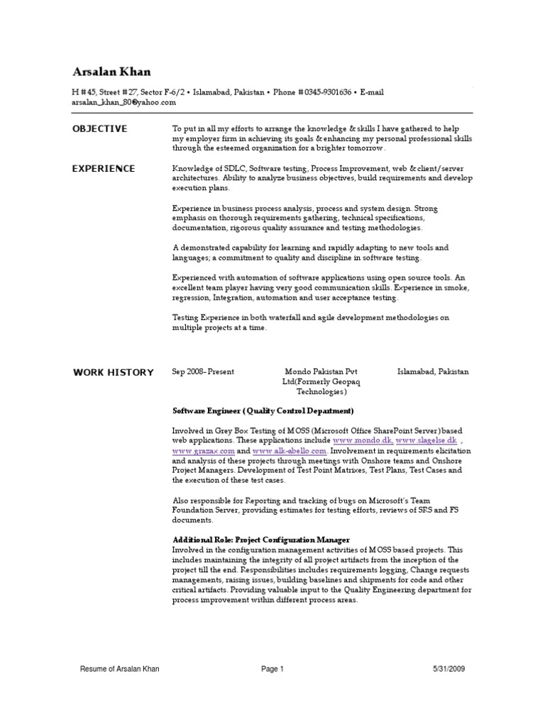 Resume Arsalan Khan Pdf Software Testing Quality Assurance