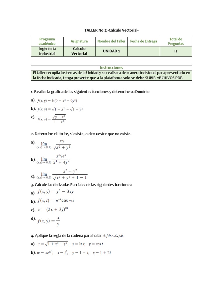 TALLER No.2 Taller Unidad 2 - Calculo Vectorial | PDF | Degradado | Vector Euclidiano