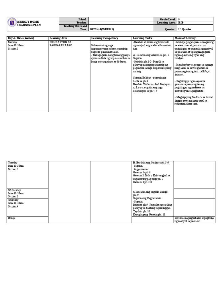 ESP Grade 5 Weekly Home Learning Plan - For Modular 1st Quarter-1st ...